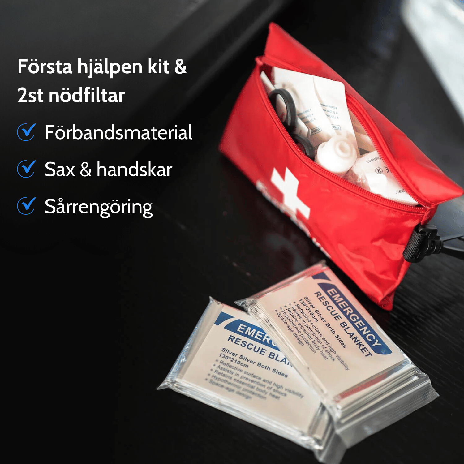 Första hjälpen kit med nödfiltar – Bered Sverige AB
